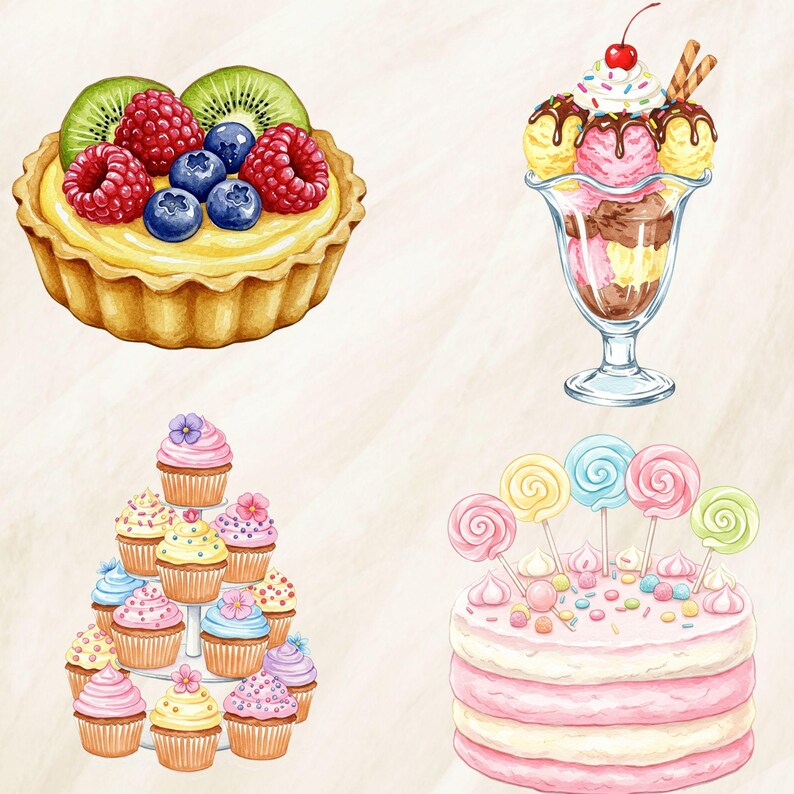 Watercolor Sweet Treats Clipart Cupcakes Ice Cream Cookies Donuts Candy ...