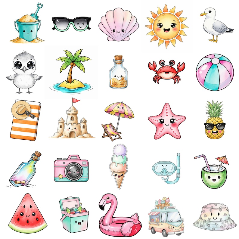 Kawaii Beach Clipart: Pastel Watercolor Summer Graphics (commercial Use ...