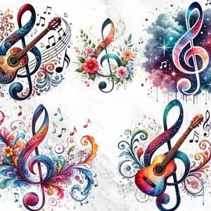 Music Notes Clipart Bundle, Watercolor Music Notes PNG, Treble Clef ...
