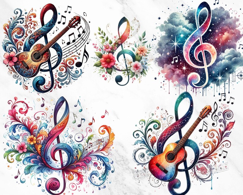 Music Notes Clipart Bundle, Watercolor Music Notes PNG, Treble Clef ...