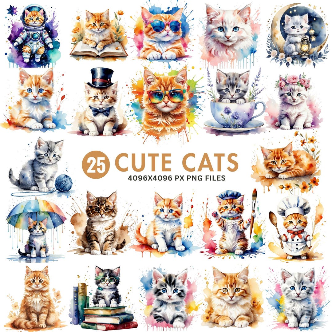Watercolor Cat Clipart, Kitten Clipart PNG, Cute Cat Clipart, Whimsical ...