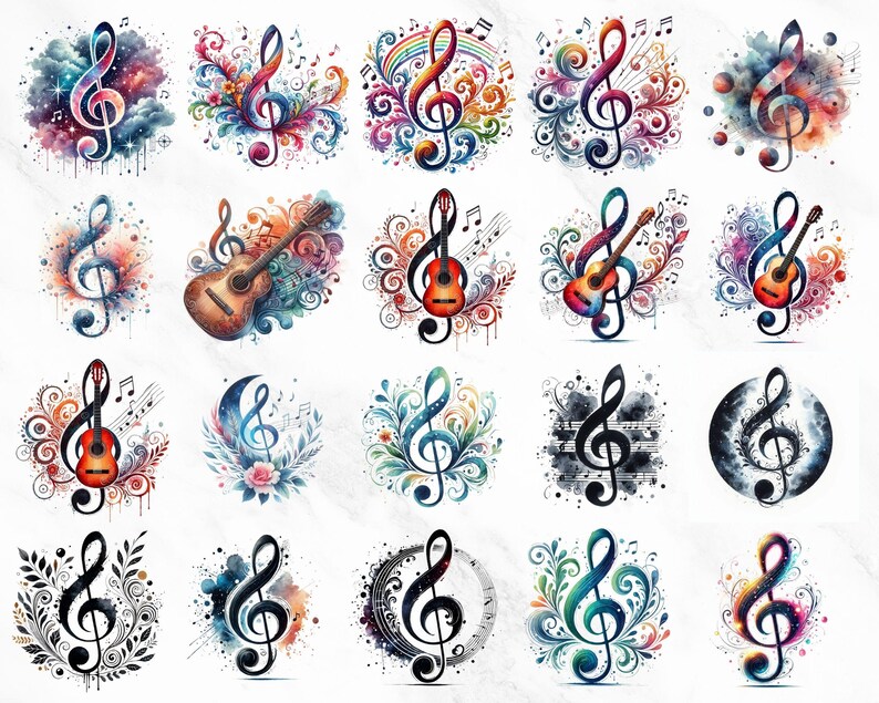 Music Notes Clipart Bundle, Watercolor Music Notes PNG, Treble Clef ...