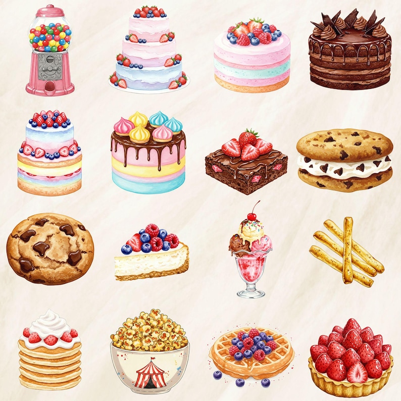 Watercolor Sweet Treats Clipart Cupcakes Ice Cream Cookies Donuts Candy ...