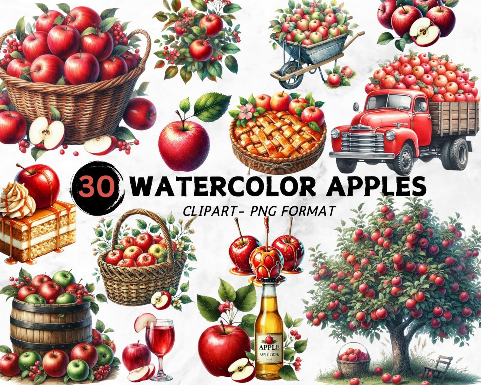 Watercolor Apple Clipart Bundle, Red Apples, Tree Graphics, Rustic ...