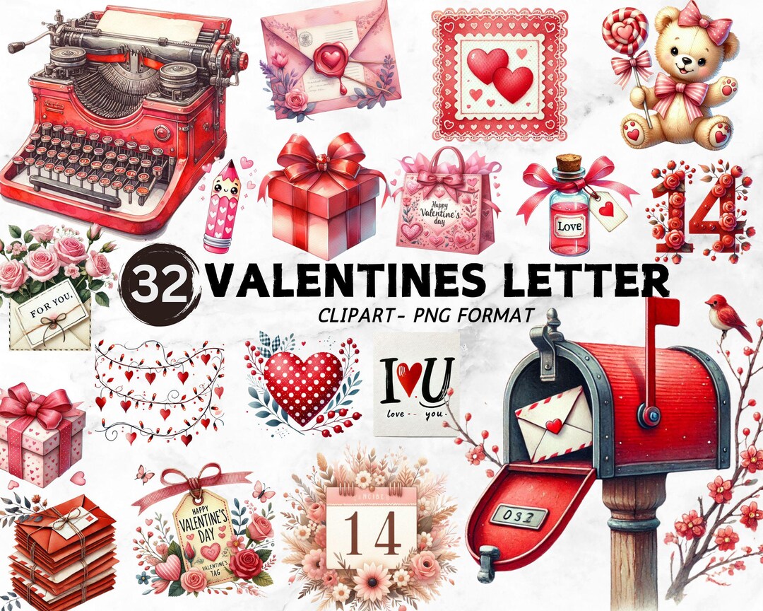 Watercolor Valentines Mail Clipart, Valentines Letter Clipart ...