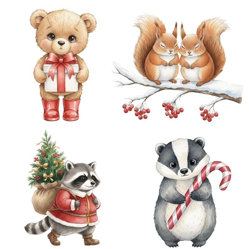 Christmas Woodland Clipart, Watercolor Christmas Animals PNG, Cute ...