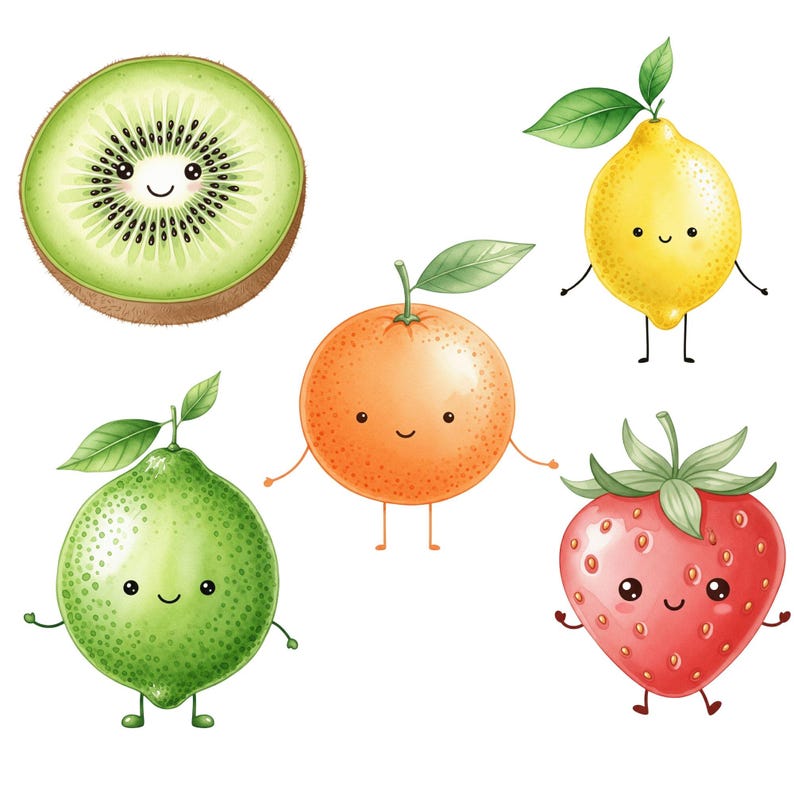 Kawaii Fruit Clipart: Watercolor PNG Stickers (digital Download ...