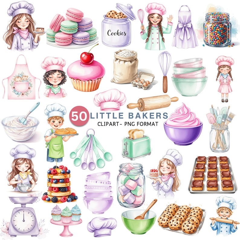 Pastel Bakery Clipart Bundle: Watercolor Baking PNG (commercial Use ...