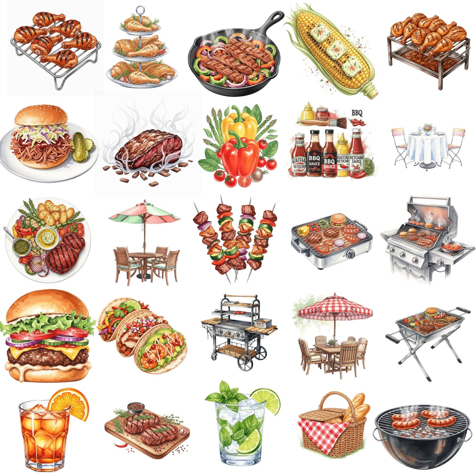 Watercolor BBQ Clipart Bundle: Summer Cookout Graphics (commercial Use ...