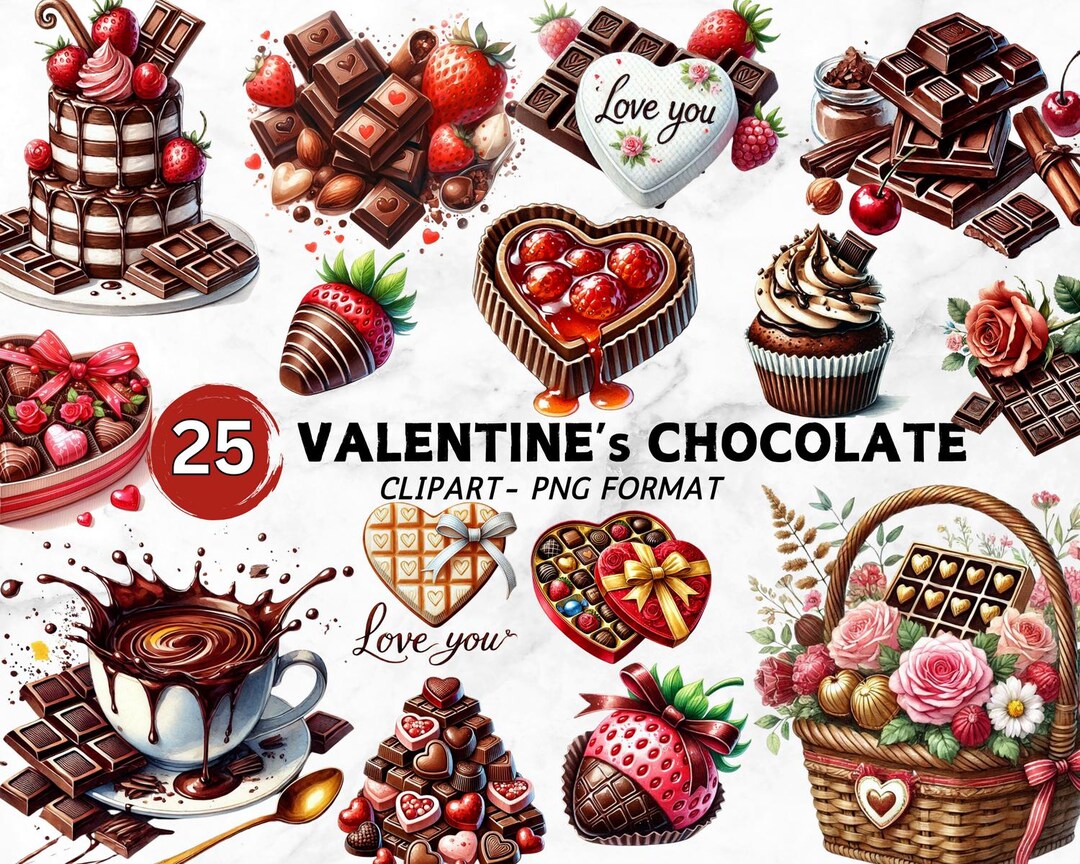 Valentine's Chocolate Clipart Bundle, Watercolor Cupcake Sweets Clipart ...