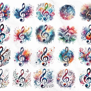 Music Notes Clipart Bundle, Watercolor Music Notes PNG, Treble Clef ...