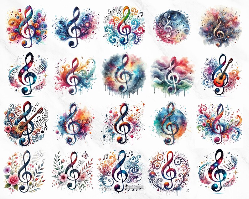 Music Notes Clipart Bundle, Watercolor Music Notes PNG, Treble Clef ...