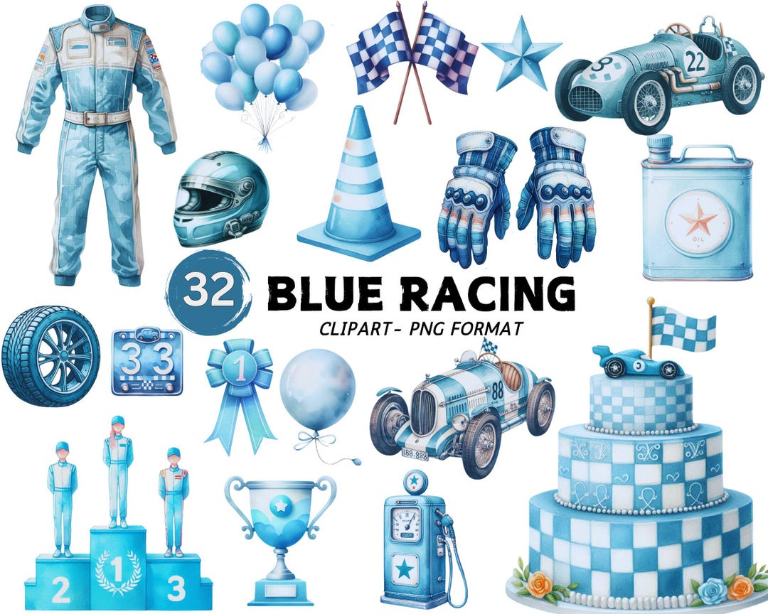 Blue Racing Clipart Bundle Watercolor Race Car Clipart for Boys Vintage ...