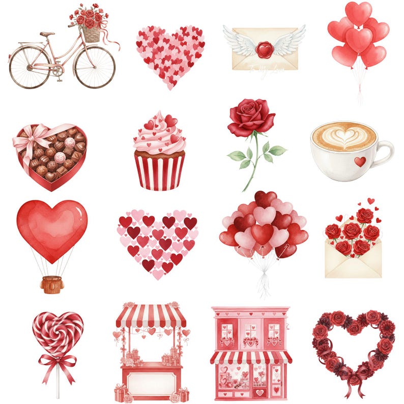 Valentine Clipart Bundle, Watercolor Valentines Day Pngs, Kawaii Love ...