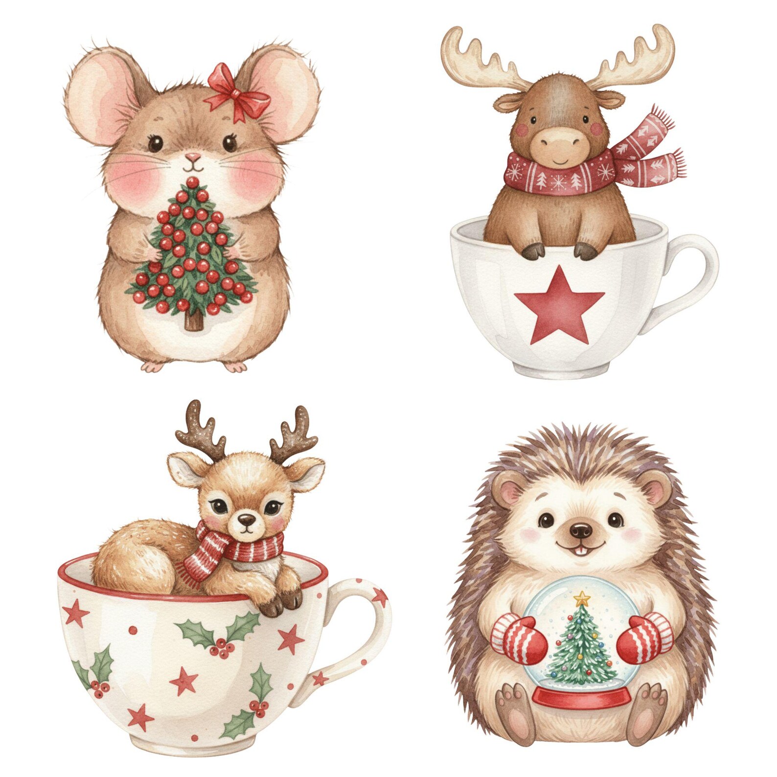 Christmas Woodland Clipart, Watercolor Christmas Animals PNG, Cute ...