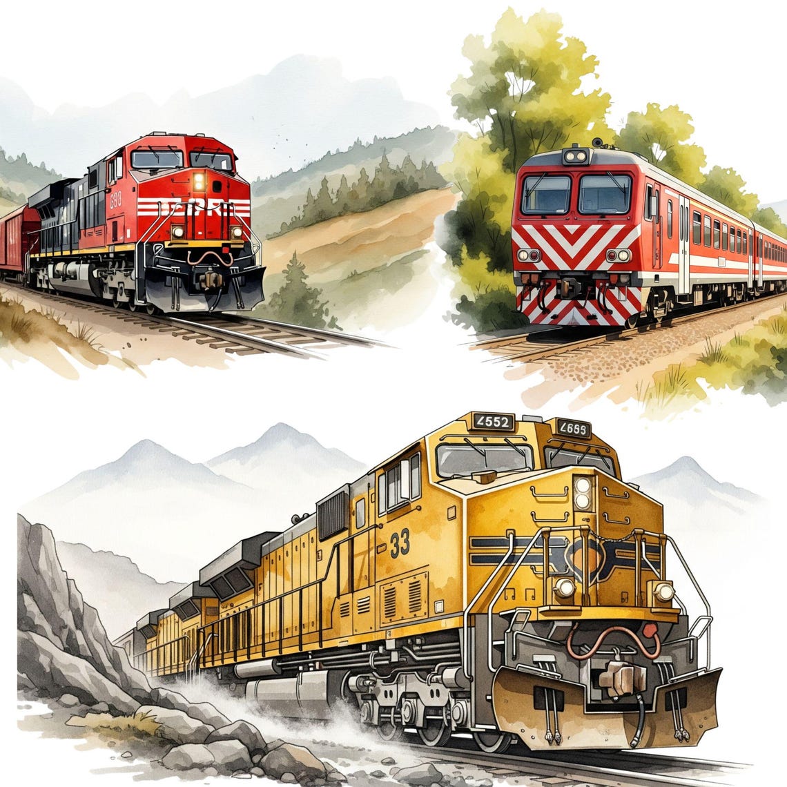 Watercolor Train Clipart: Vintage Steam Engine Graphics (digital ...