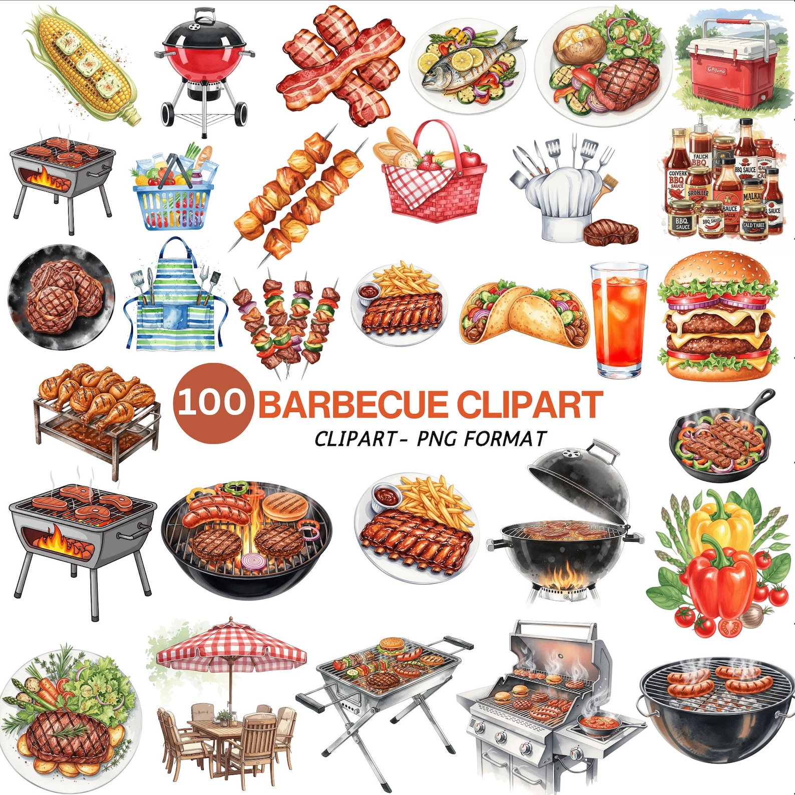 Watercolor BBQ Clipart Bundle: Summer Cookout Graphics (commercial Use ...