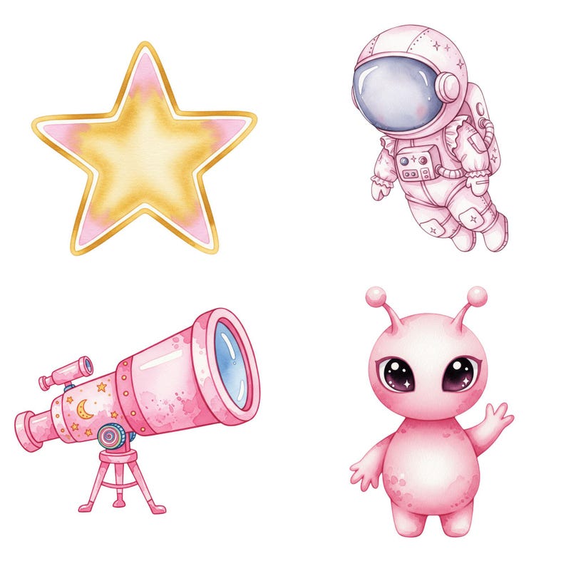 Watercolor Pink Space Clipart: Girl Astronaut, Planets (digital ...