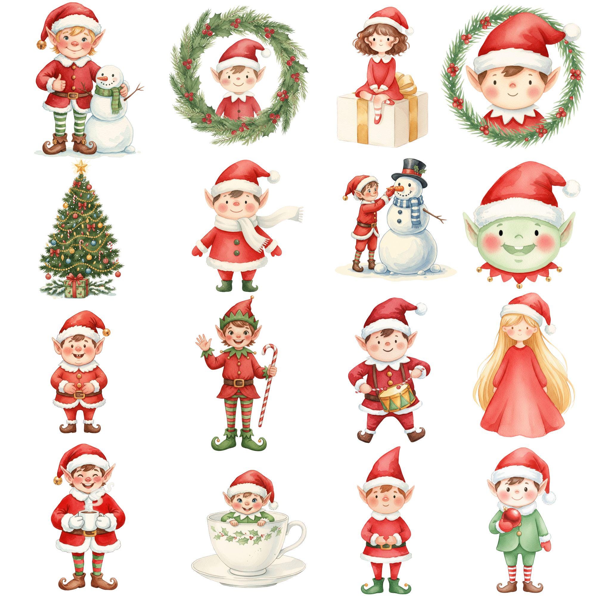 Christmas Elf Clipart, Cute Watercolor Elves PNG, Whimsical Holiday ...