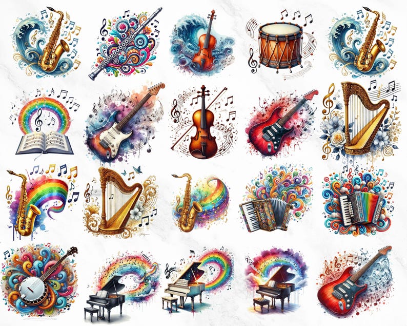 Watercolor Musical Instruments Clipart, Watercolor Artistic Music Notes ...
