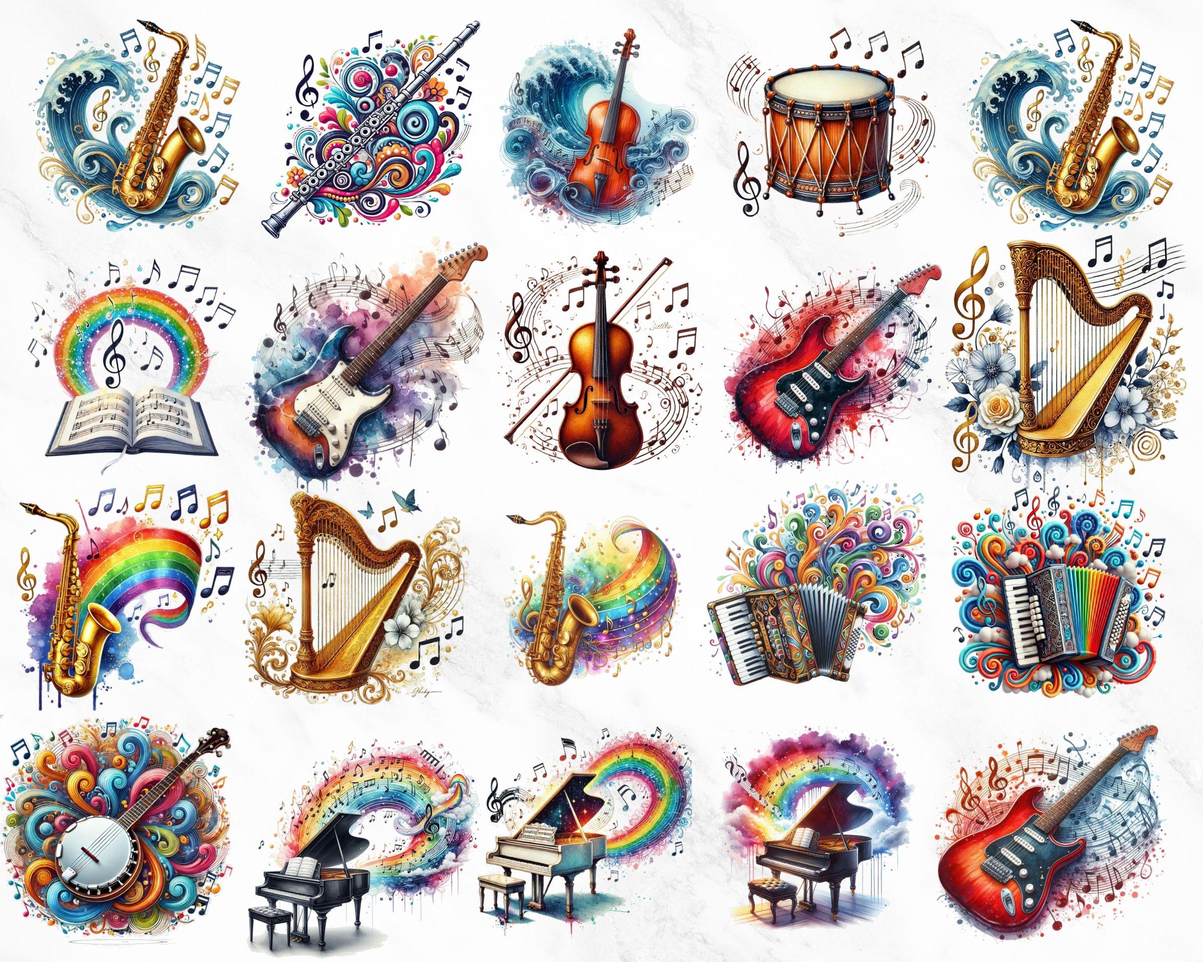Watercolor Musical Instruments Clipart, Watercolor Artistic Music Notes ...