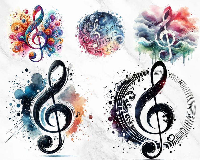 Music Notes Clipart Bundle, Watercolor Music Notes PNG, Treble Clef ...