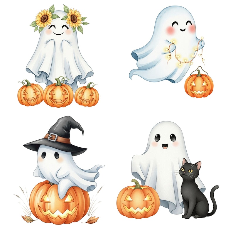 Halloween Ghost Clipart, Cute Ghost PNG, Watercolor Halloween Clipart ...