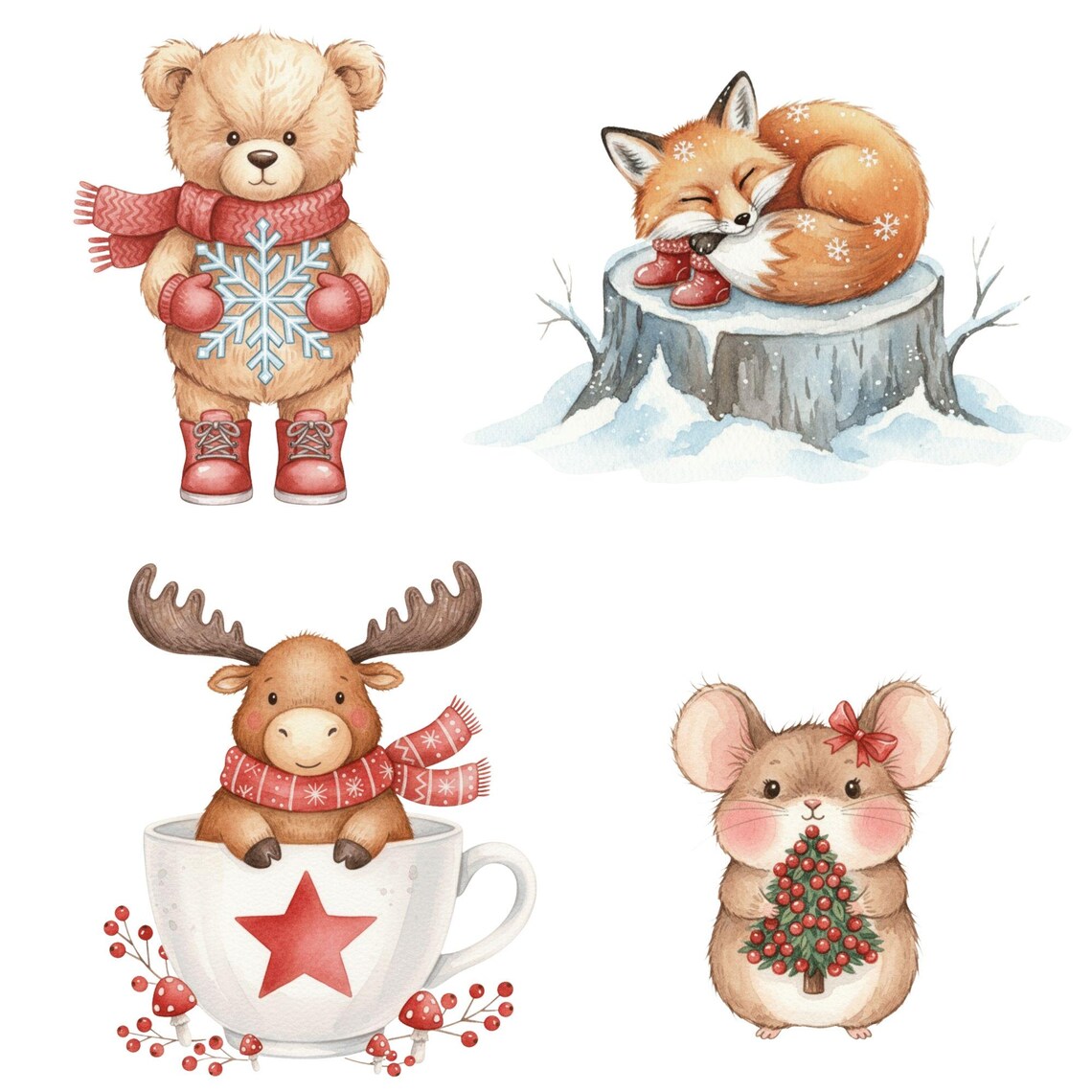 Christmas Woodland Clipart, Watercolor Christmas Animals PNG, Cute ...