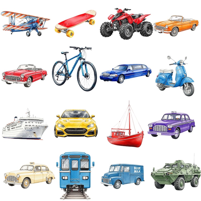 Watercolor Transportation Clipart Bundle, Vehicle Clipart, Cute Car PNG ...