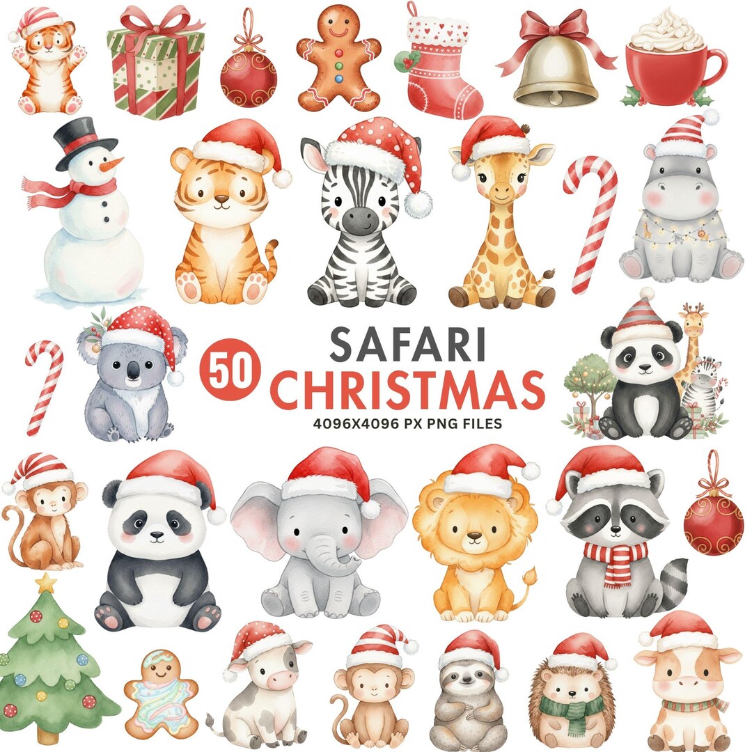 Safari Christmas Clipart, Watercolor Christmas Png, Safari Animals ...
