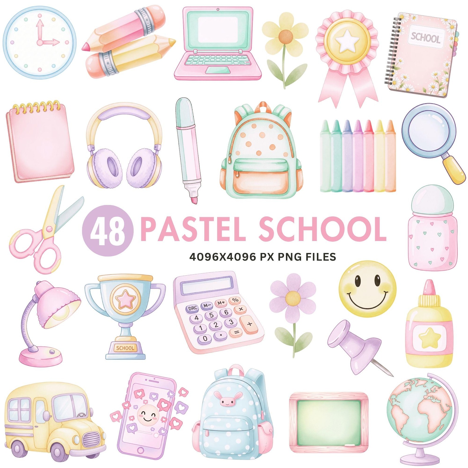 Pastel Back to School Clipart, Cute School Supplies PNG, Teacher ...