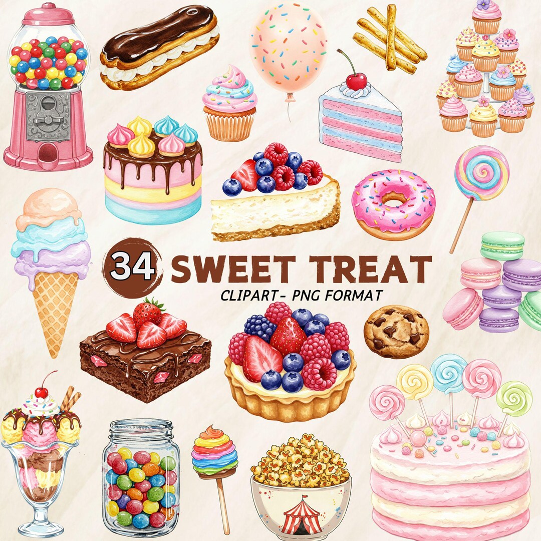 Watercolor Sweet Treats Clipart Cupcakes Ice Cream Cookies Donuts Candy ...