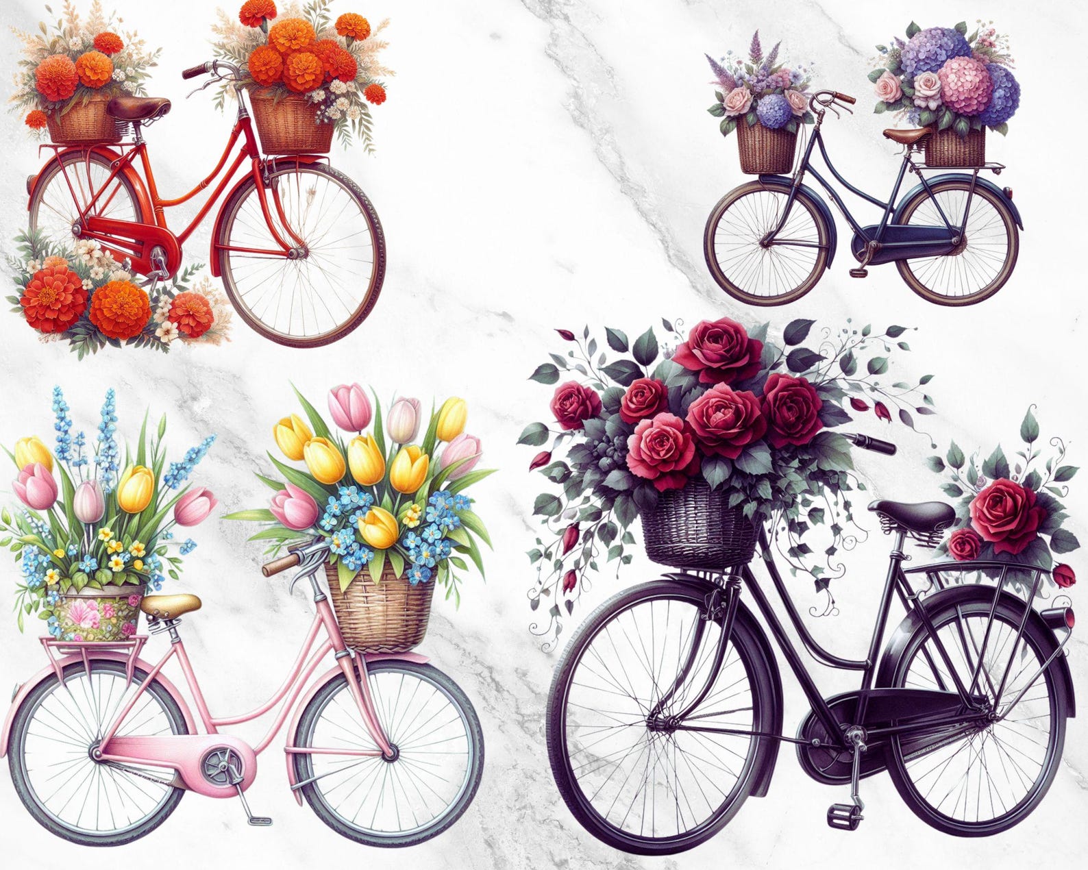 Floral Bicycle Clipart: Vintage Watercolor Bicycle PNG (digital ...