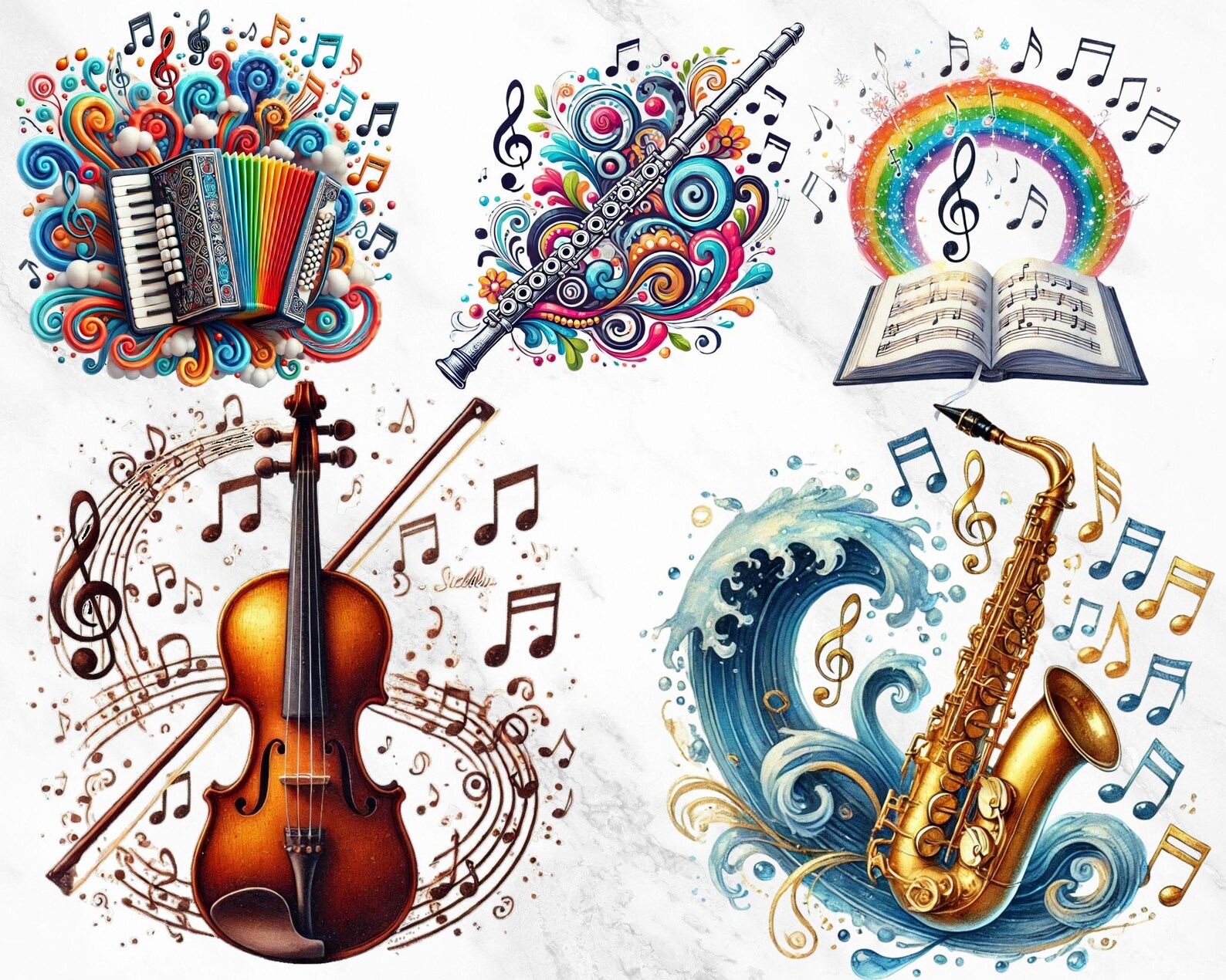 Watercolor Musical Instruments Clipart, Watercolor Artistic Music Notes ...