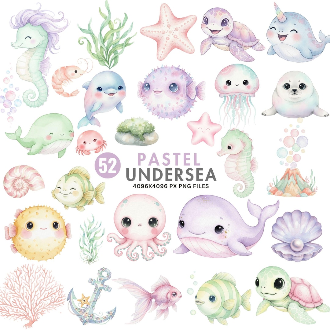 Pastel Under Sea Clipart, Cute Ocean Animals PNG, Whale Octopus Turtle ...