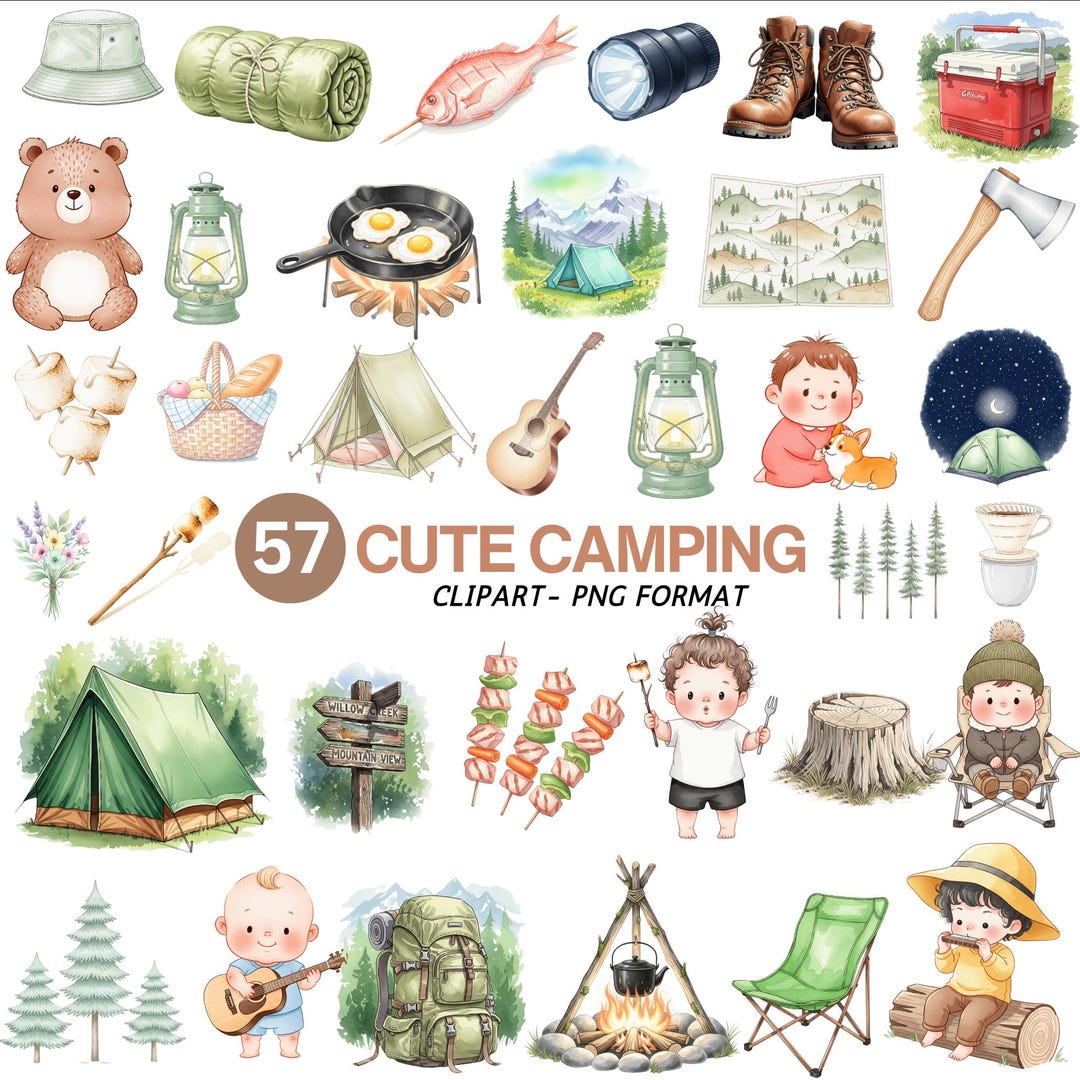 Watercolor Camping Clipart Bundle: Forest Animals, Tents, Campfire (PNG ...