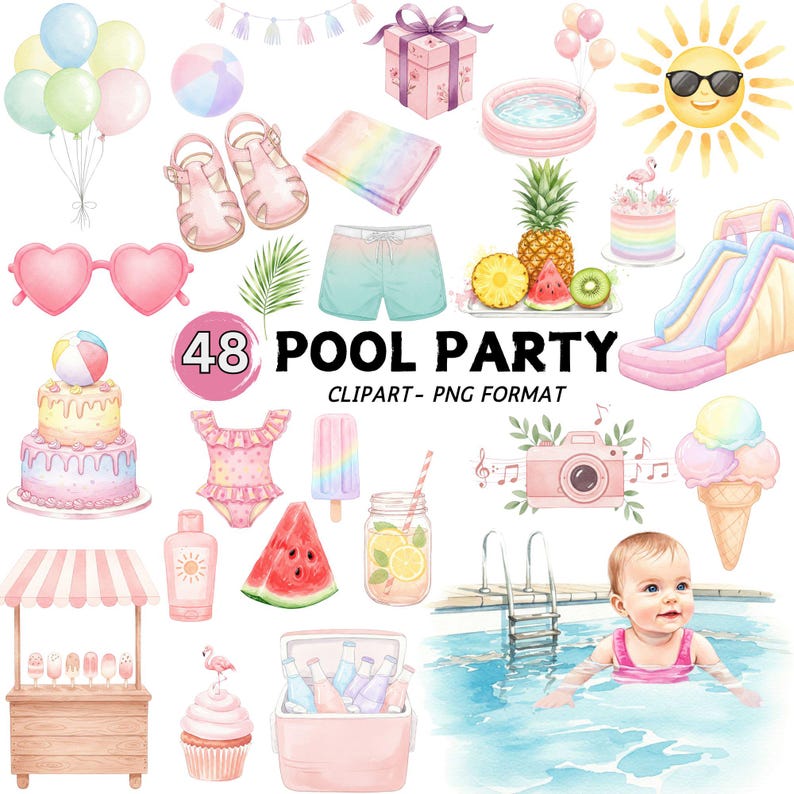 Watercolor Pool Party Clipart: Summer Beach Designs (instant Download ...