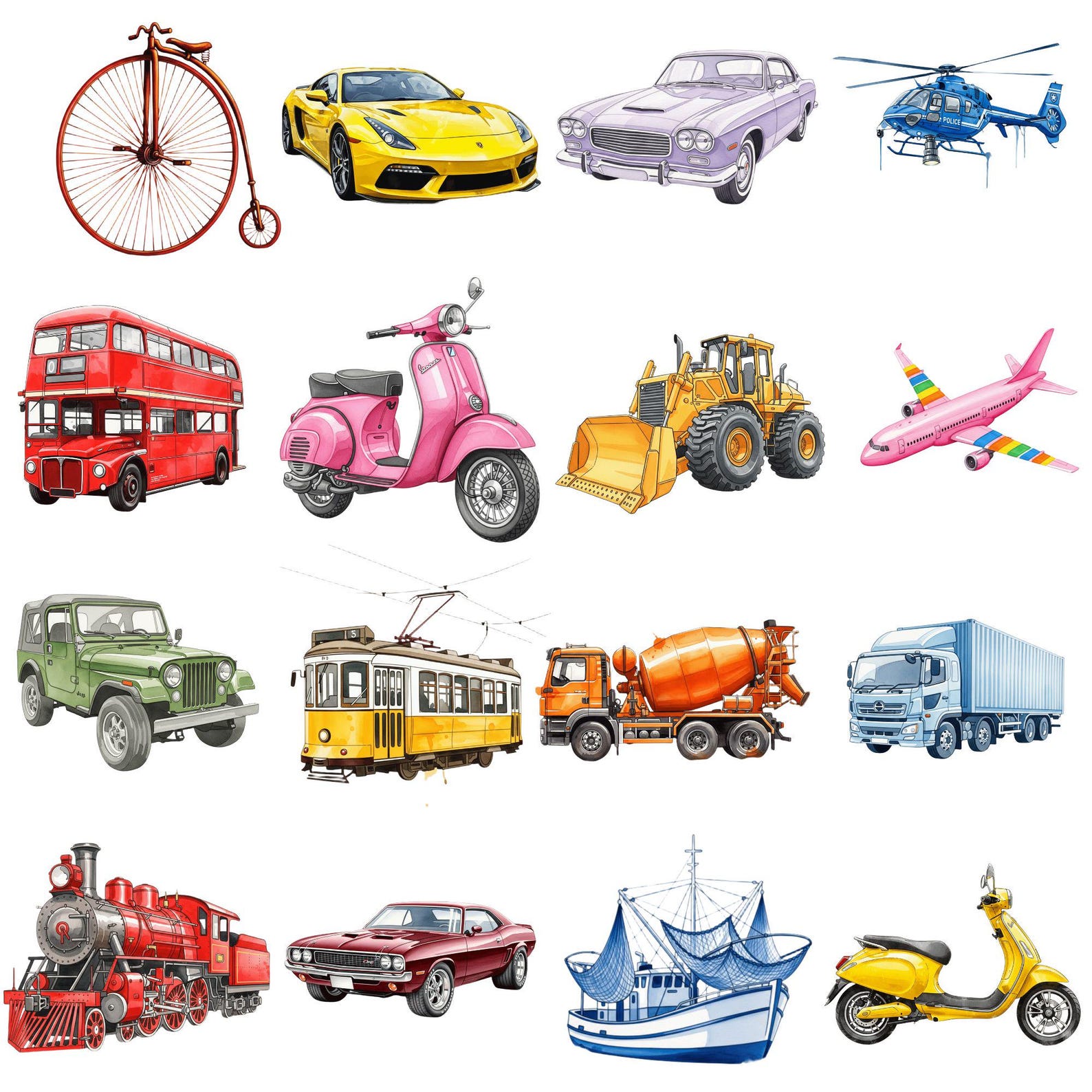 Watercolor Transportation Clipart Bundle, Vehicle Clipart, Cute Car PNG ...