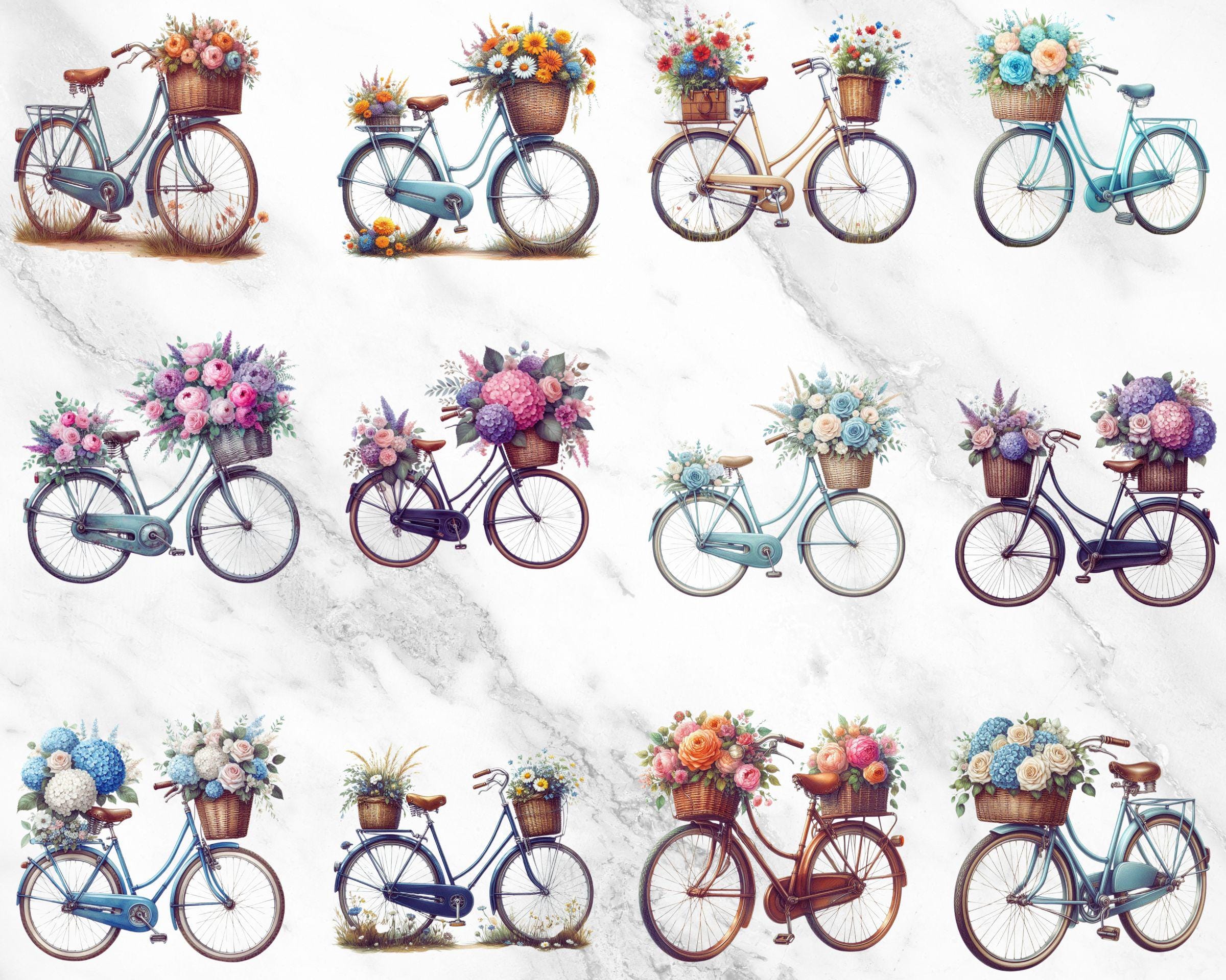 Floral Bicycle Clipart: Vintage Watercolor Bicycle PNG (digital ...