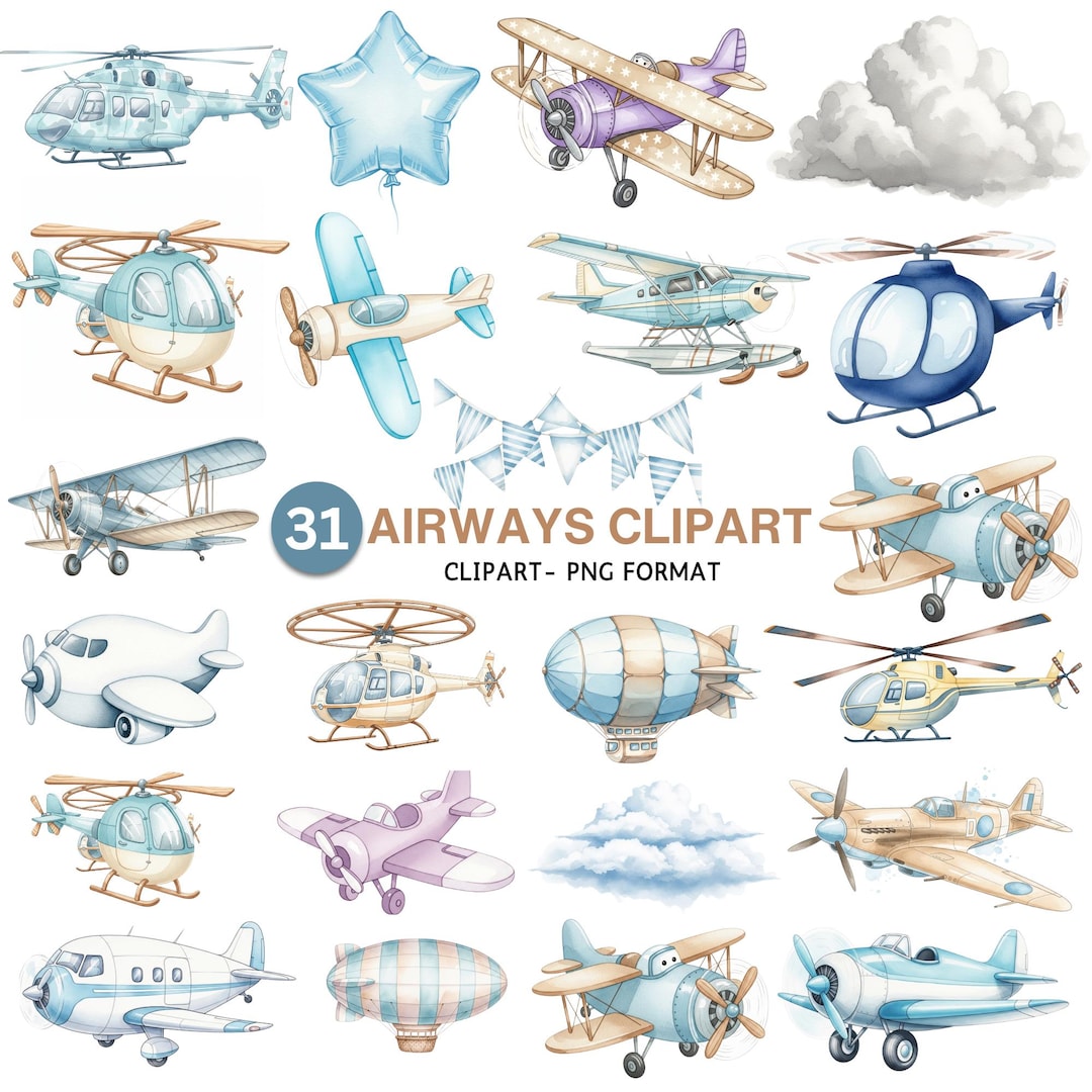 Watercolor Air Transport Clipart, Cute Blue Airplane, Baby Boy Nursery ...