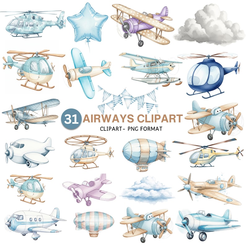 Watercolor Air Transport Clipart, Cute Blue Airplane, Baby Boy Nursery ...