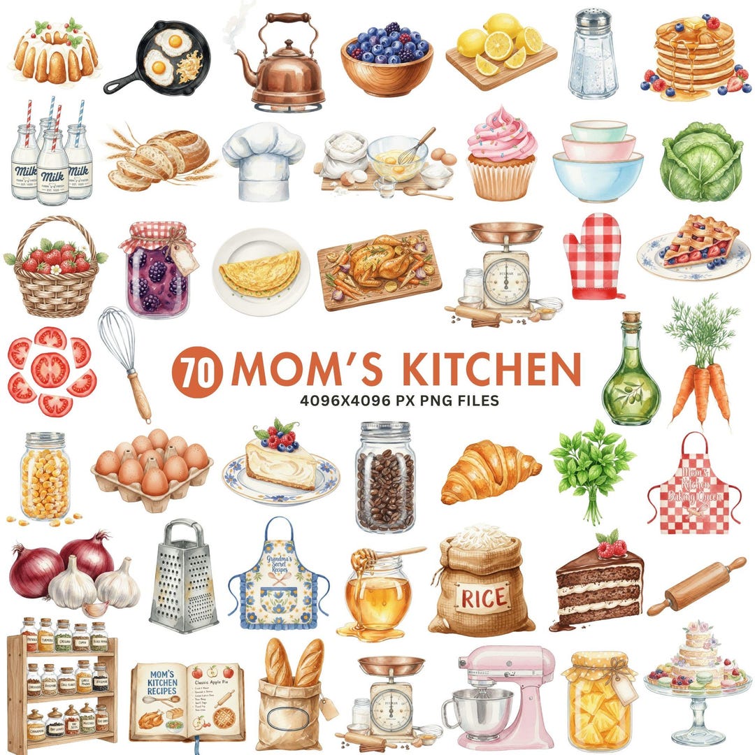 Kitchen Clipart, Baking Clipart, Watercolor Food Bundle, Moms Kitchen ...