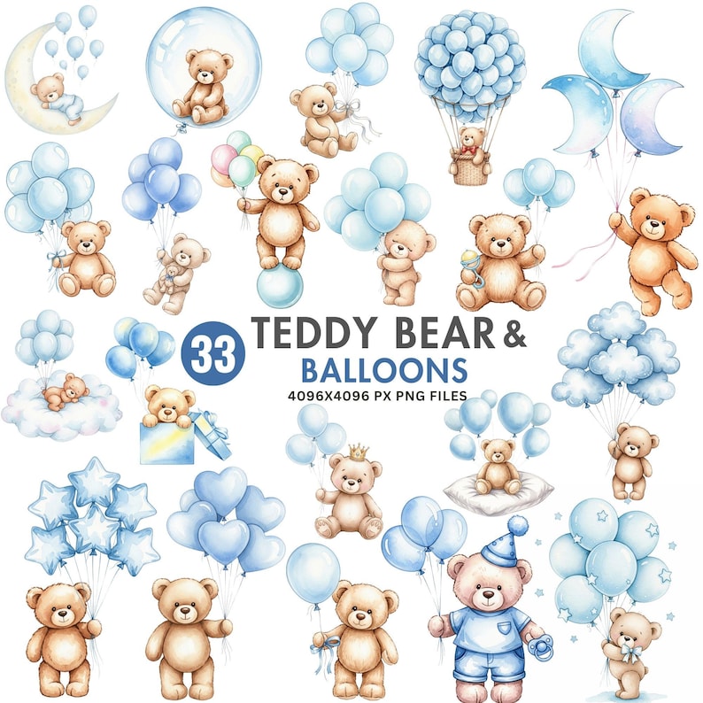 Teddy Bear and Balloon Clipart, Blue Teddy Bear Clipart, Baby Shower ...