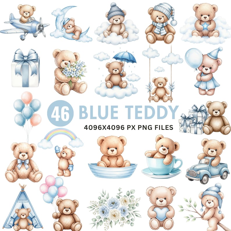 Watercolor Teddy Bear Clipart, Sleeping Teddy Bear PNG, Baby Shower ...