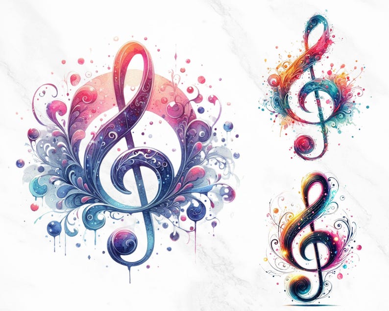 Music Notes Clipart Bundle, Watercolor Music Notes PNG, Treble Clef ...