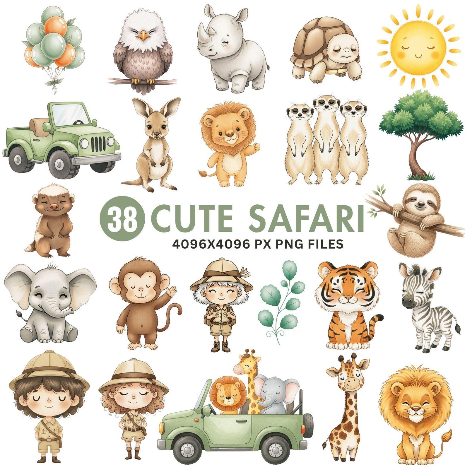 Cute Safari Clipart, Watercolor Jungle Animals PNG, Baby Safari Animals ...