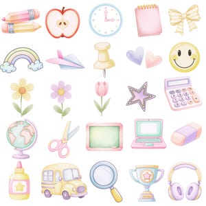 Pastel Back to School Clipart, Cute School Supplies PNG, Teacher ...