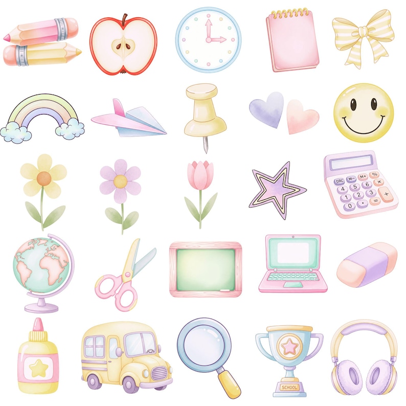 Pastel Back to School Clipart, Cute School Supplies PNG, Teacher ...