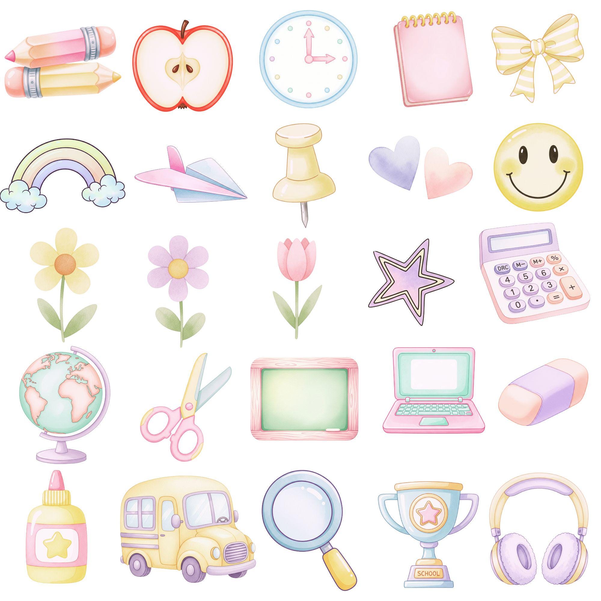 Pastel Back to School Clipart, Cute School Supplies PNG, Teacher ...