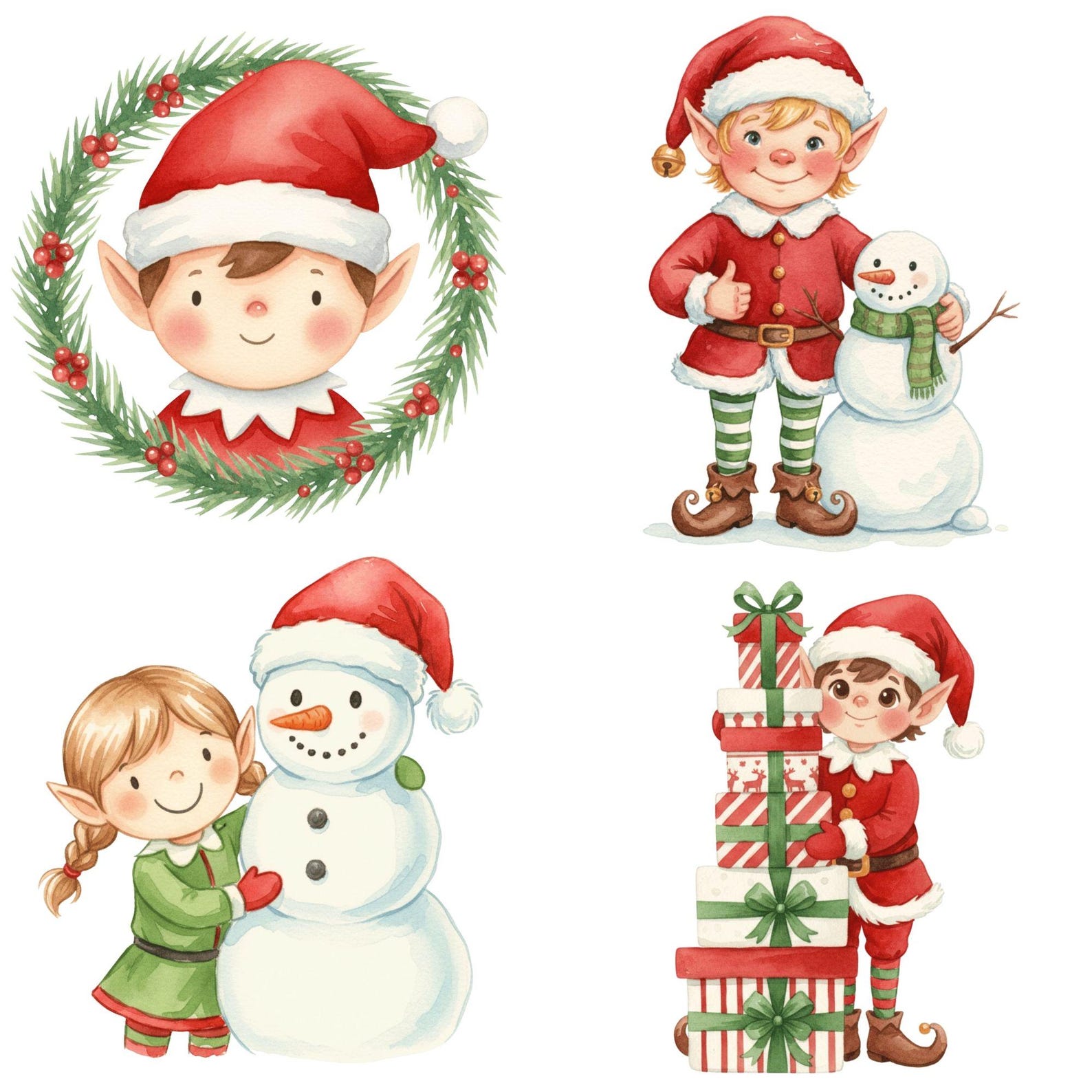 Christmas Elf Clipart, Cute Watercolor Elves PNG, Whimsical Holiday ...